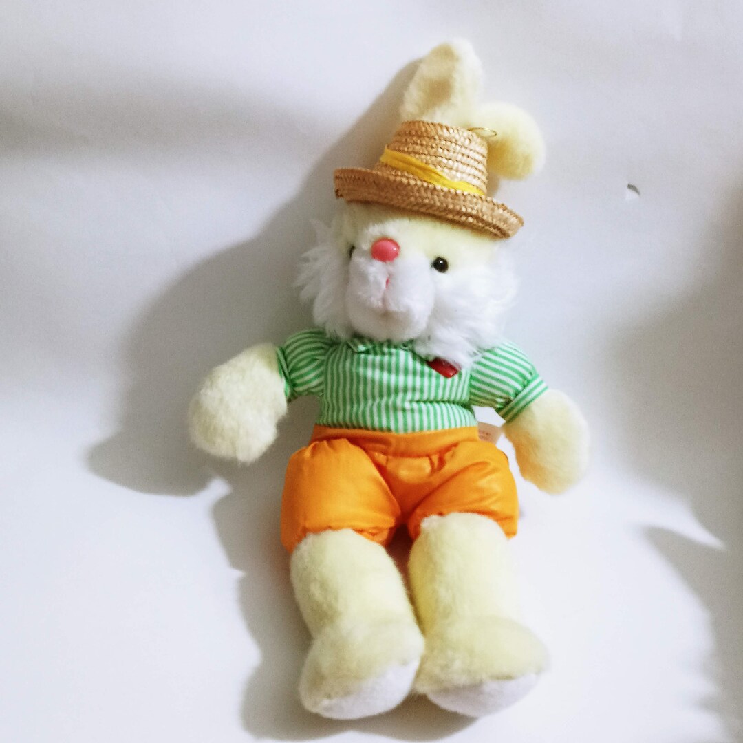 Vintage Bunny Rabbit Plush Country Straw Hat I Love You Button Stuffed ...