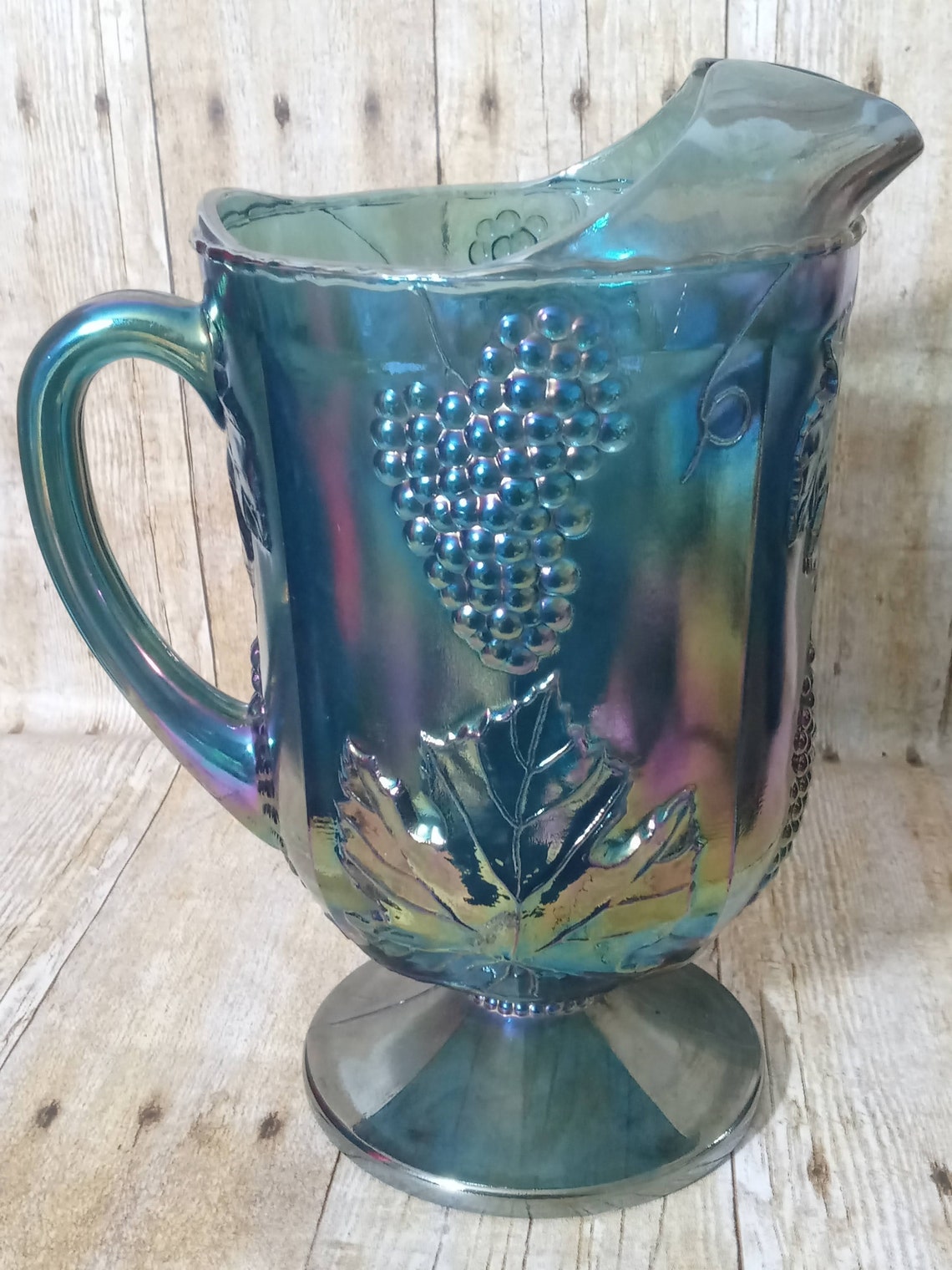 Blue Carnival Glass Pitcher Iridescent Harvest Grape Footed | Etsy Blue Carnival Glass Pitcher Iridescent Harvest Grape Footed | Etsy