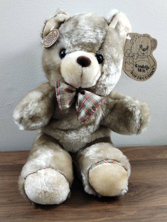 Cuddle Wit Beige Teddy Bear Plush 18 Stuffed Animal Puffy Plaid Bow Tie Trim Etsy UK