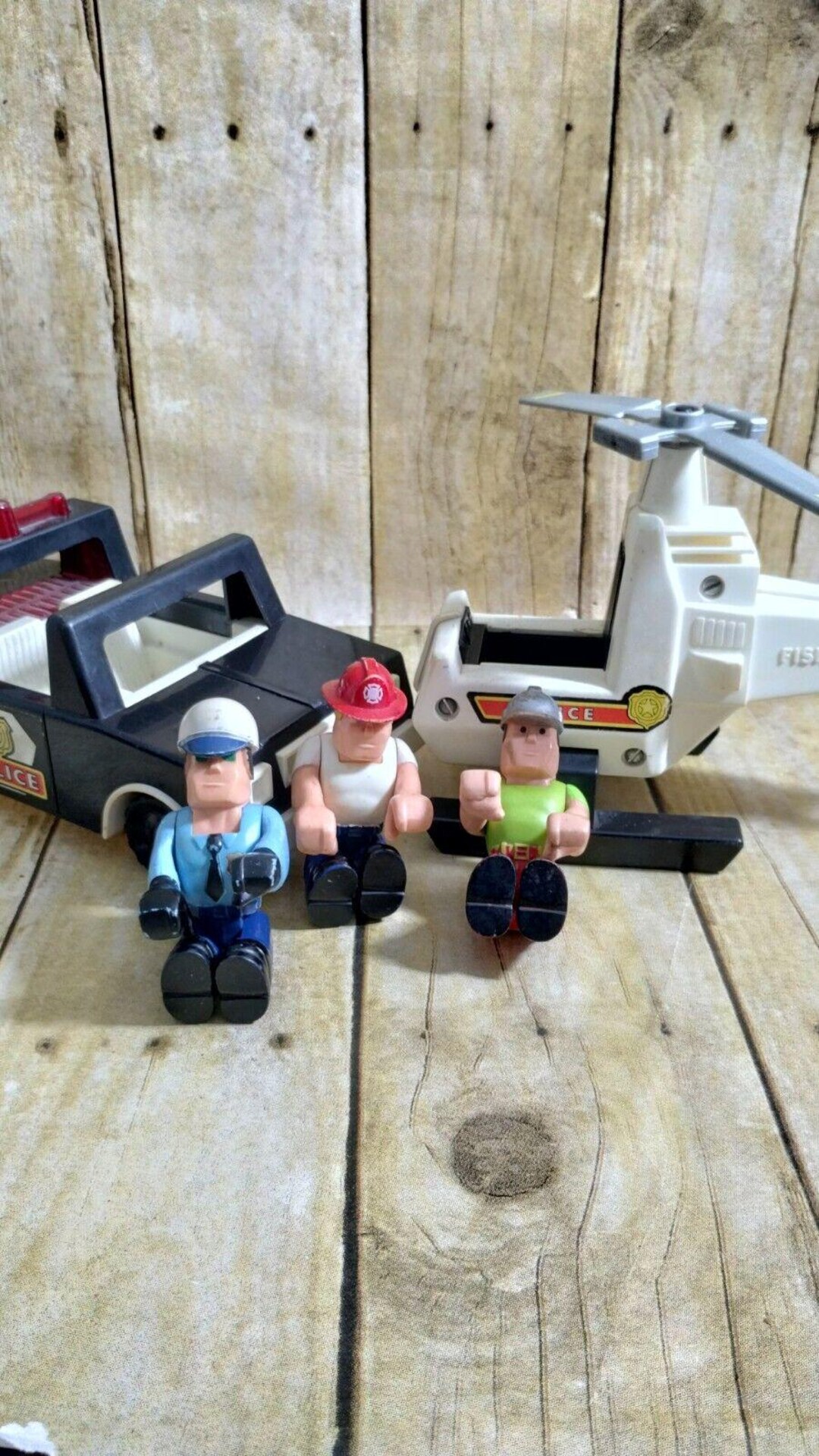 Vintage 1981 Fisher Price Husky Helpers Lot Police Car Helicopter W/ 3 ...