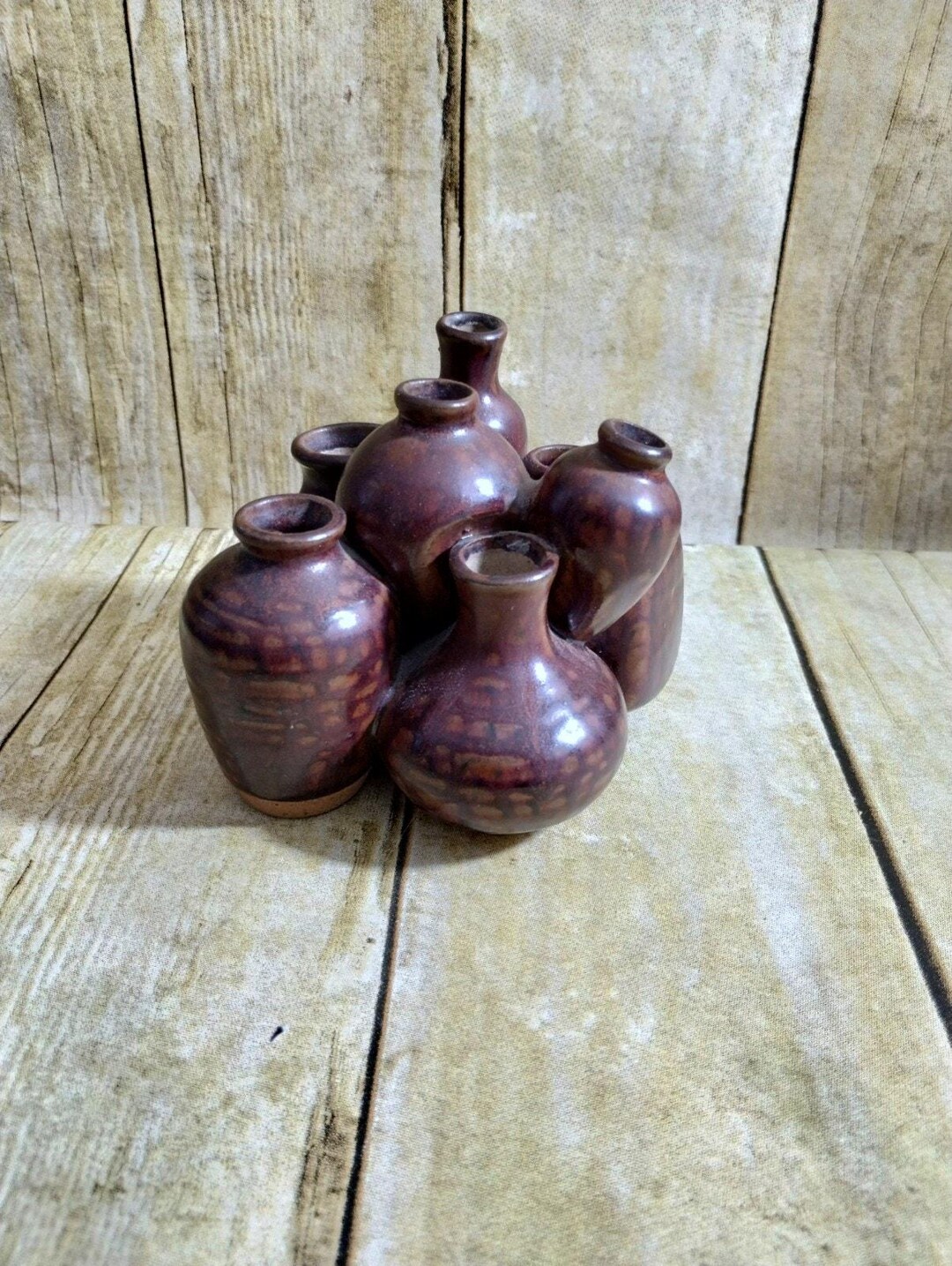 Pottery Ceramic Miniature Stackable Vase Brown Glaze Mini Vase Attached ...