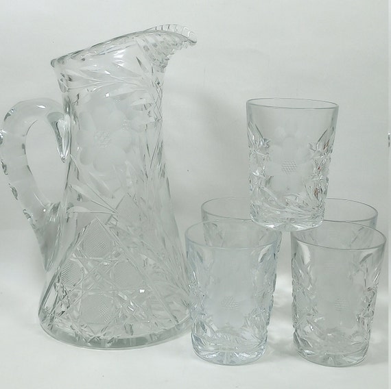 Vintage Crystal Cut & Etched Glass Pitcher Set W/ 4 Tumblers - Etsy
