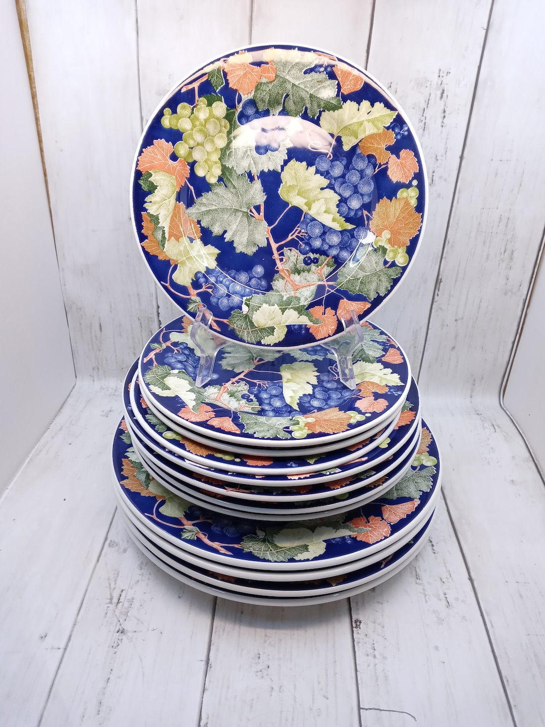 Vintage La Primula Quadrifoglio Grapes Leaves on Blue Dinnerware Set ...