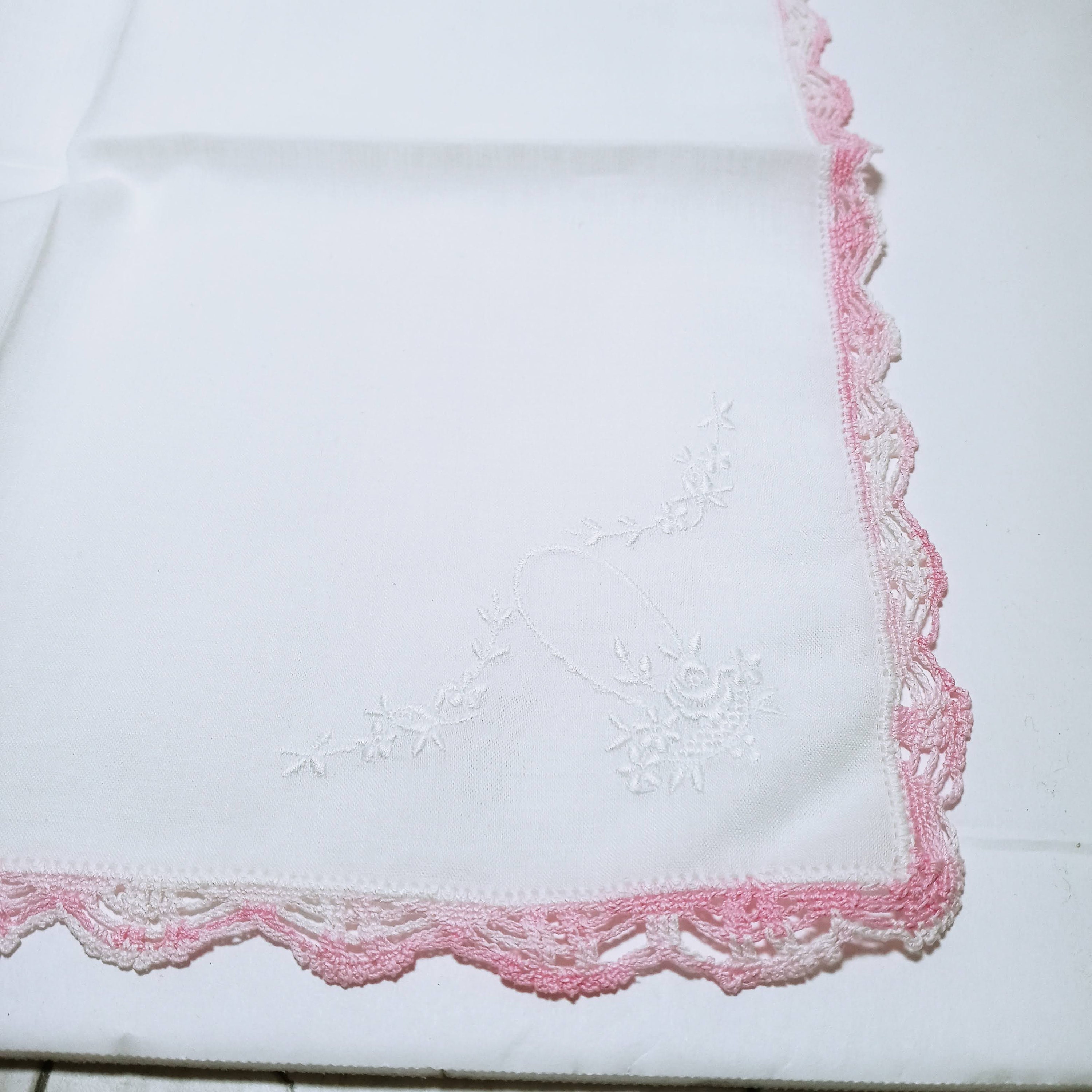 Vintage Pink Crochet Edge Handkerchief White Embroidered - Etsy