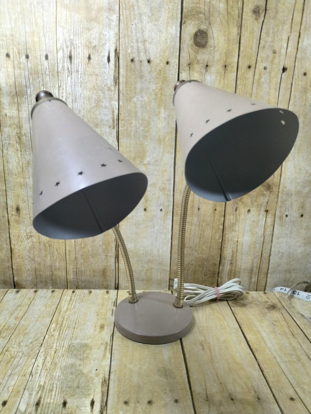 MCM Double Arm Atomic Gooseneck Desk Lamp Metal Star Punched Shades ...
