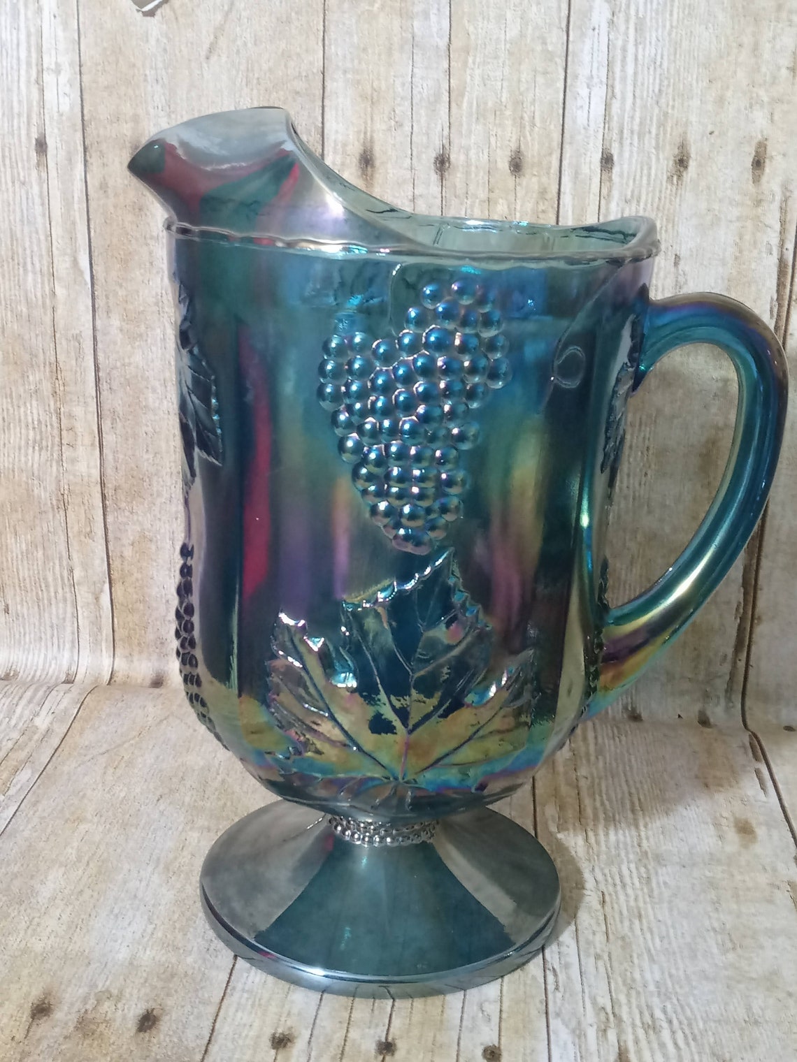 Blue Carnival Glass Pitcher Iridescent Harvest Grape Footed | Etsy