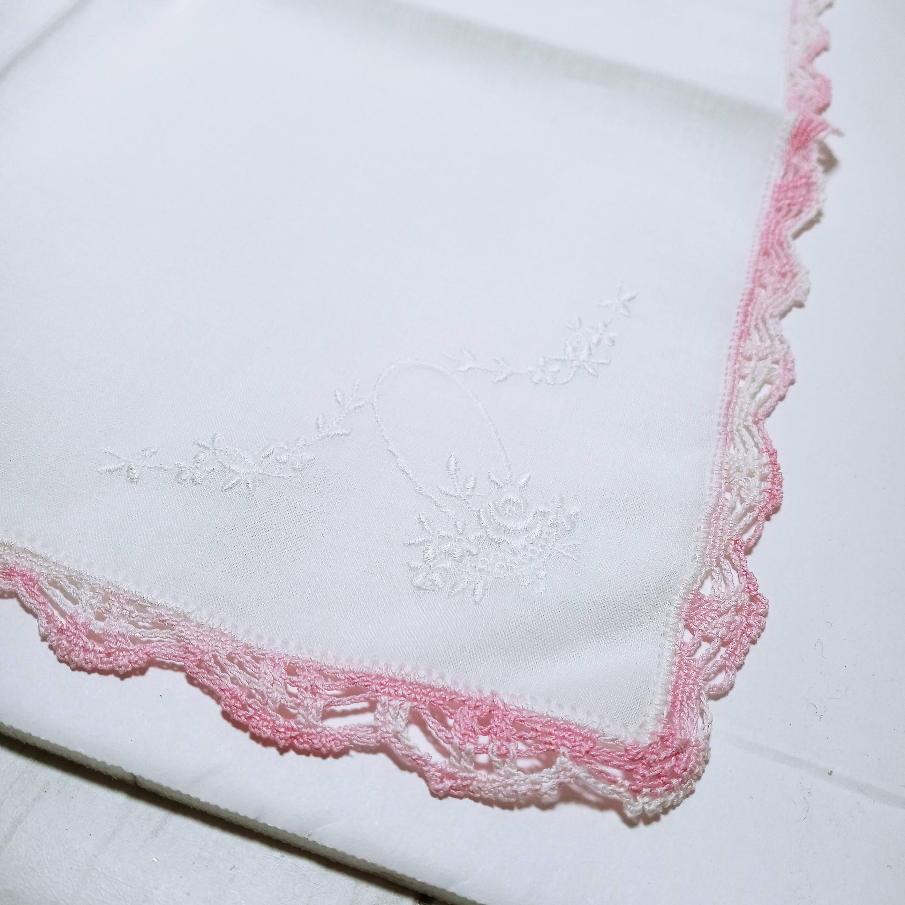 Vintage Pink Crochet Edge Handkerchief White Embroidered - Etsy
