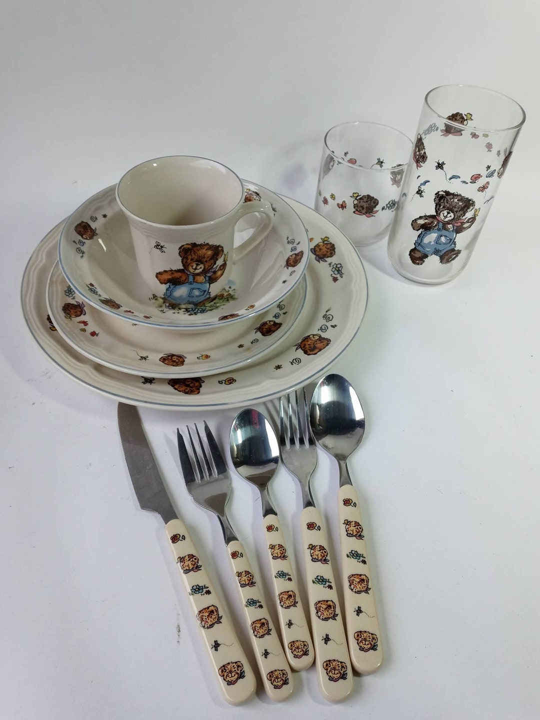 Vintage Teddy Bear Denim Overall 11pc Dinnerware Set Plate - Etsy