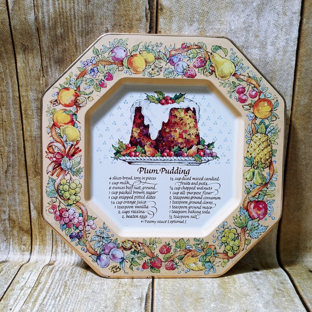 Vtg Plum Pudding Recipe Tray Tin Trinket Octagon Fruits & Berries on ...