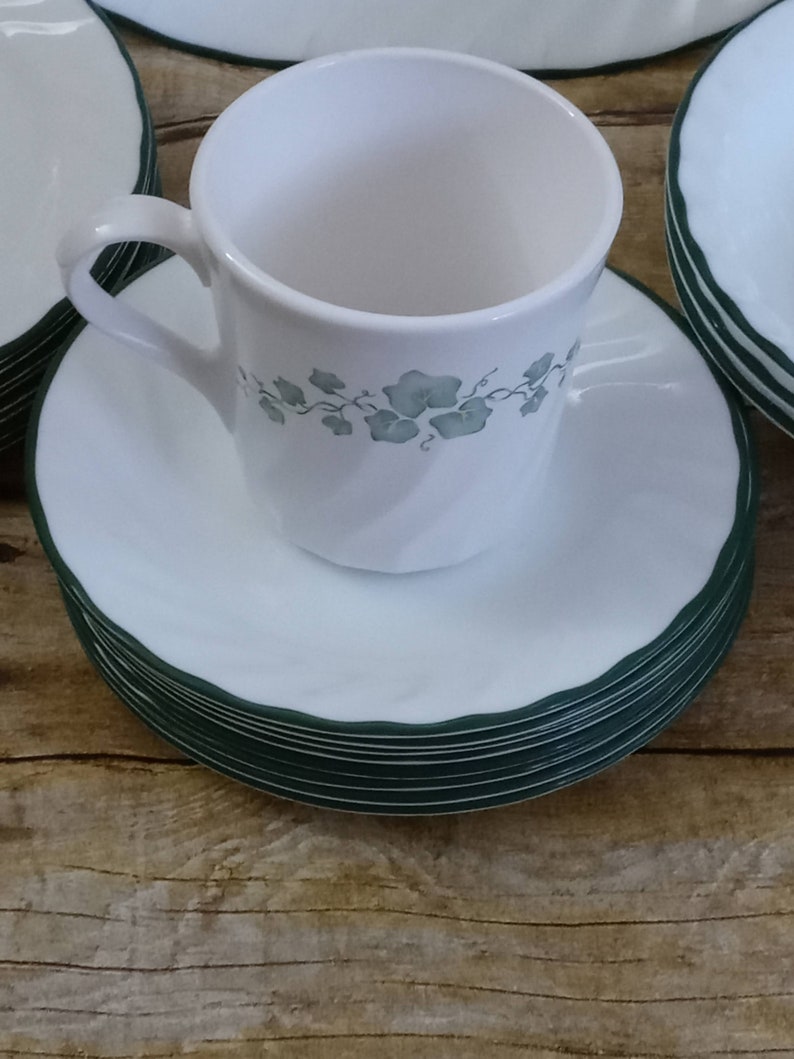 Vtg Callaway Corelle Dinnerware by Corning Green Leaves/ Vines Swirl ...