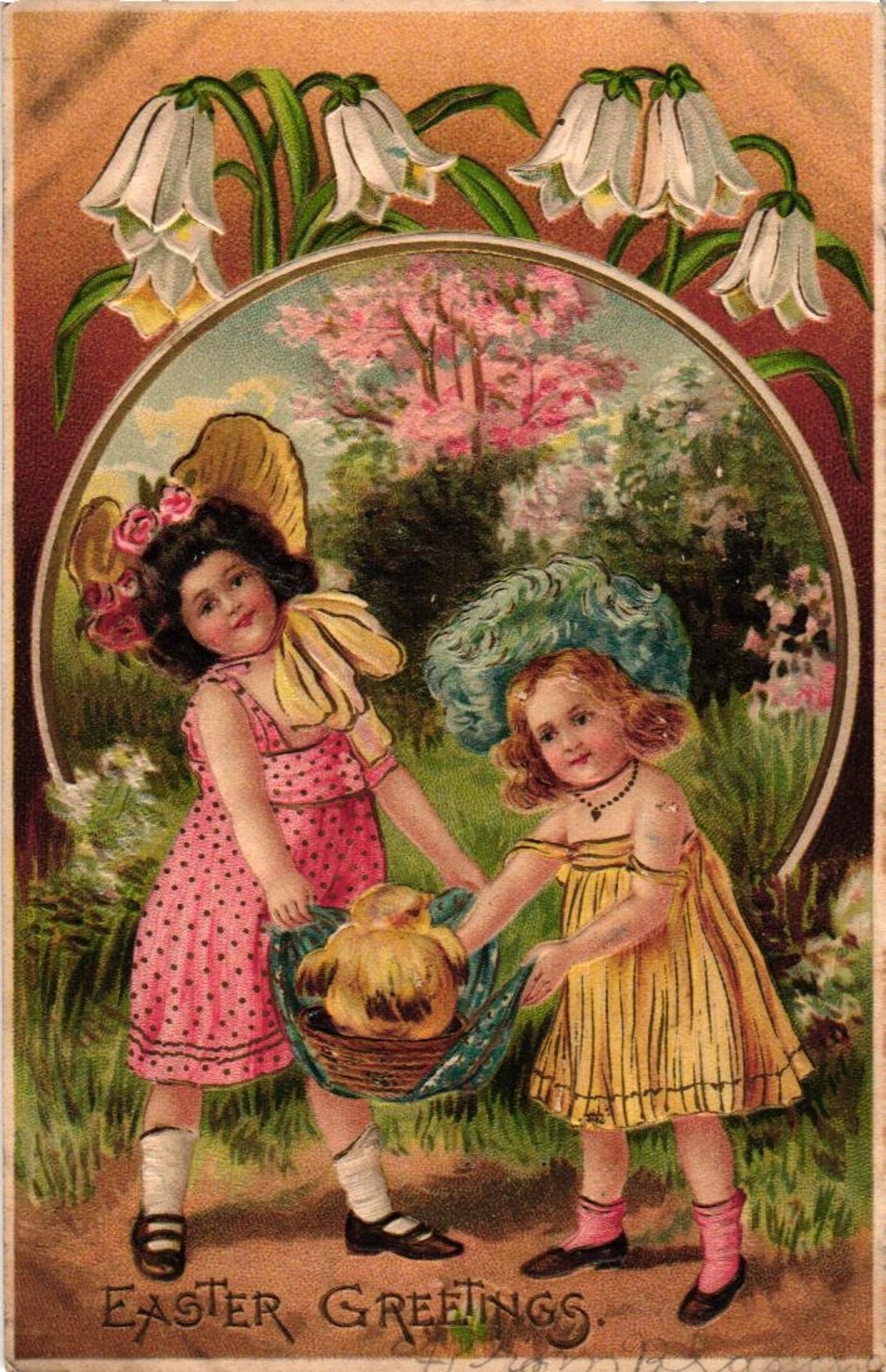 Antique Easter Postcard Germany Chubby Little Girls in Easter Bonnets ...