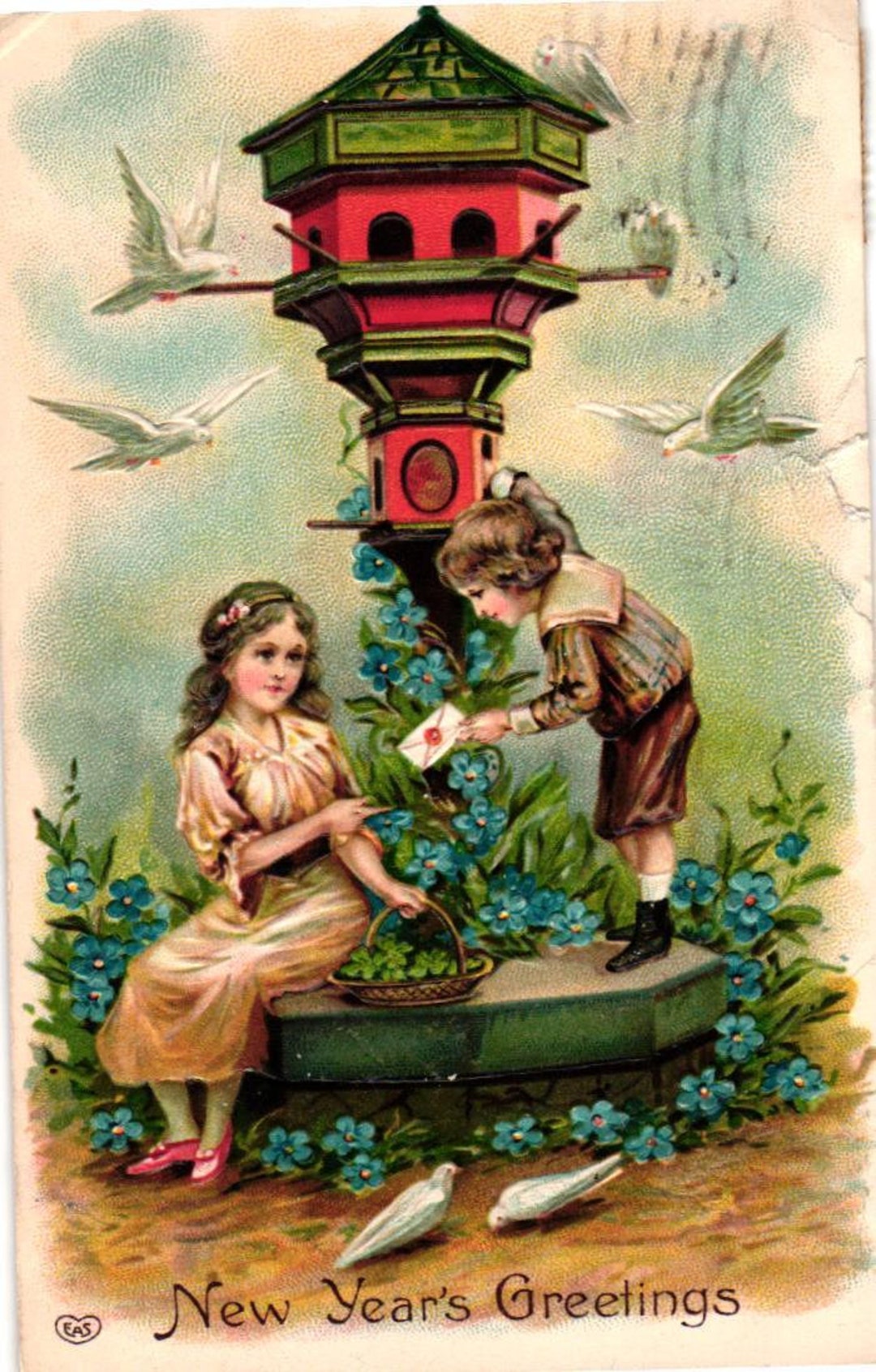 Victorian Children Boy & Girl Letter Birdhouse Doves Clovers and Blue ...