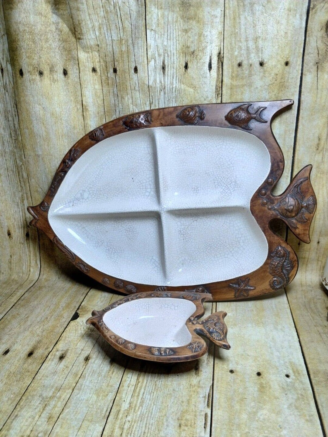 Vtg Treasure Craft Fish Seahorse Divided Chip Veggie Platter & Dip Bowl ...
