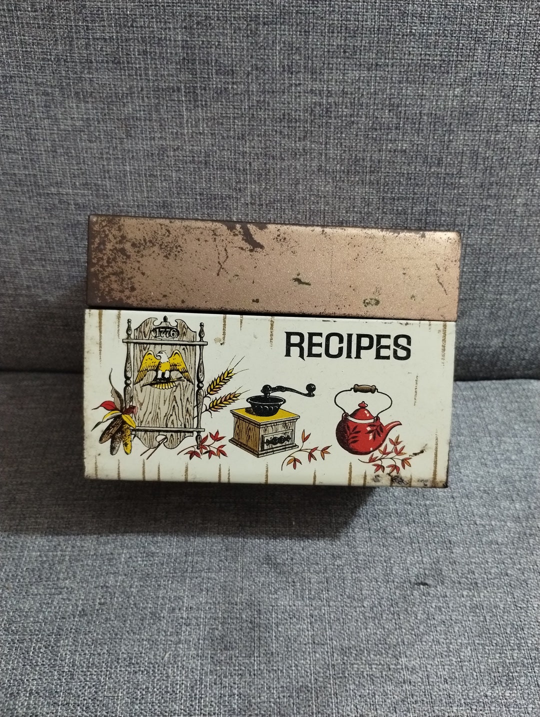 Vtg Recipe Receipt Tin Colonial Eagle Teapot Coffee Grinder Rustic ...