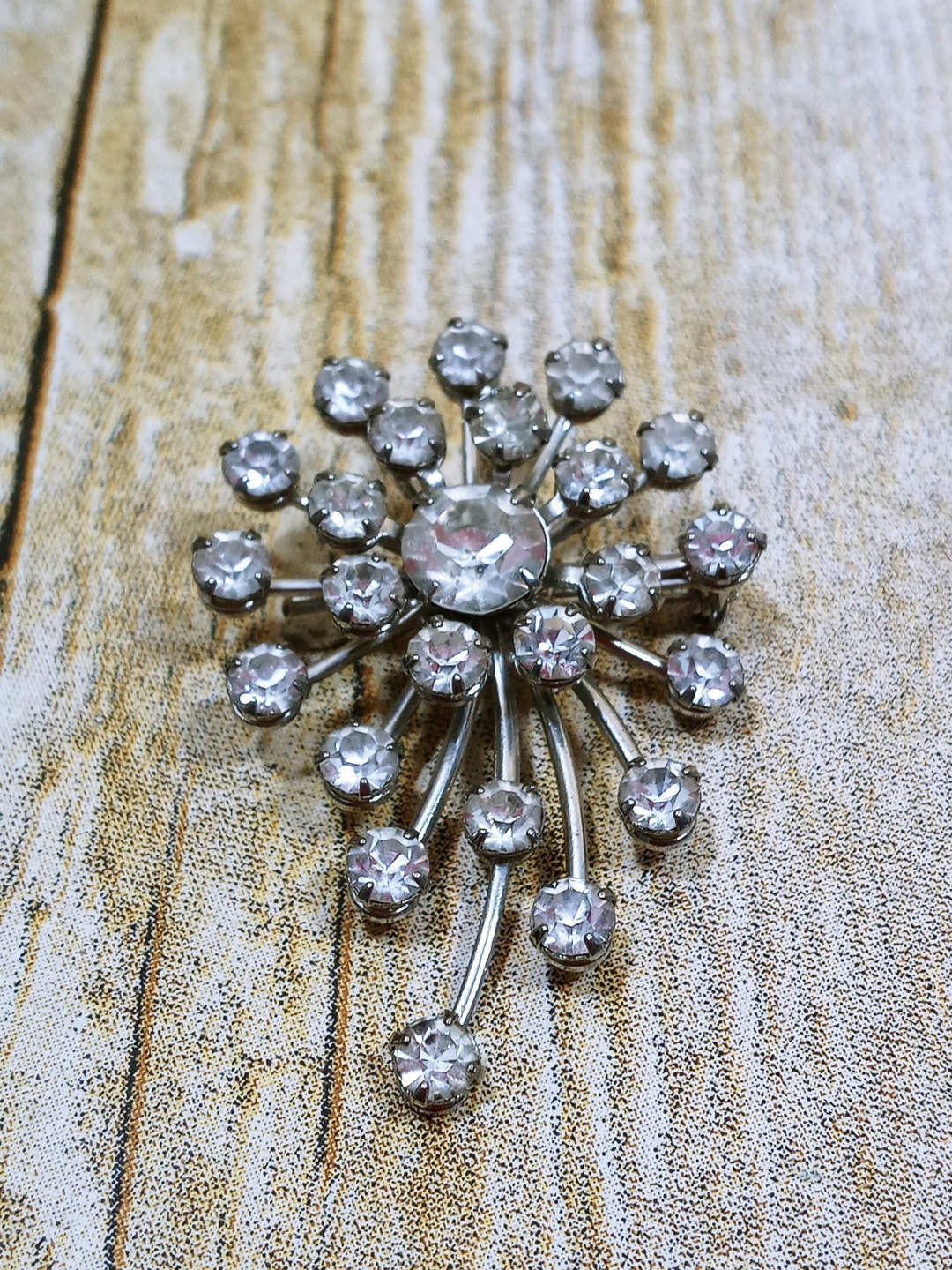 Vintage Starburst Silver Brooch With Clear Rhinestones Metal Pin (jb3q ...
