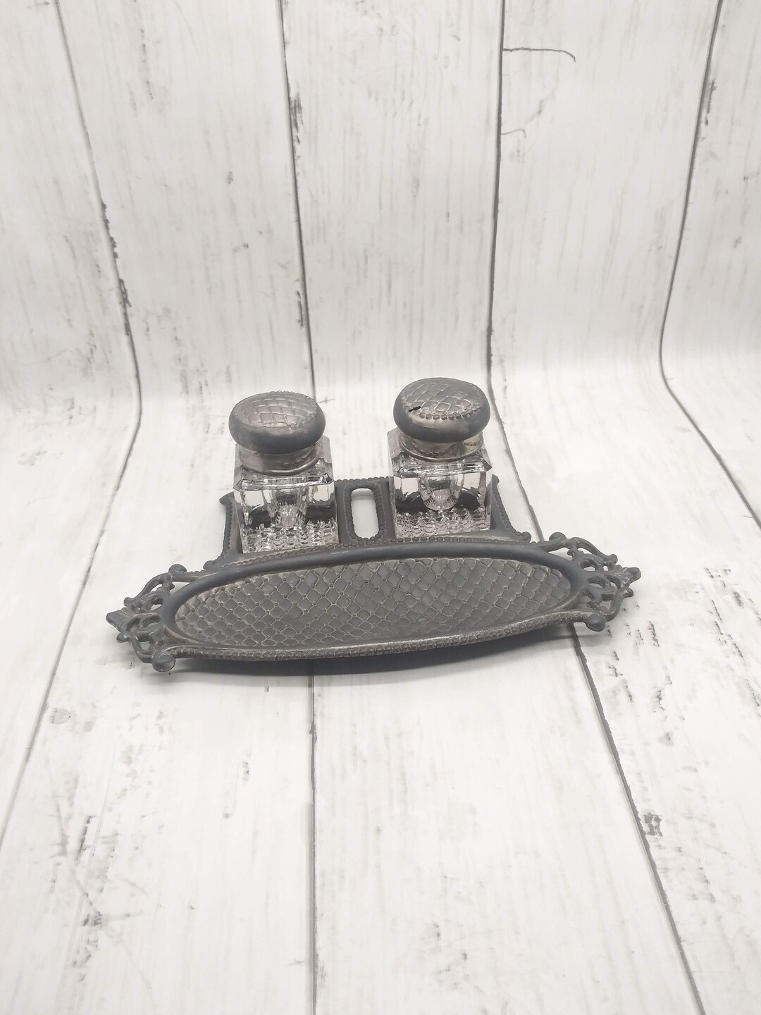 Double Glass Ink Well Silver Tray Pen Rest Desk Set Very Heavy ...