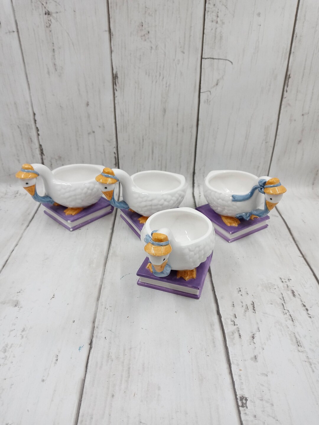 Vintage Dept 56 Mother Goose Egg Cup on Purple Book Set of of 4 Country ...