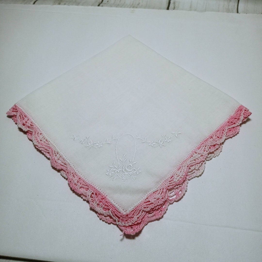 Vintage Pink Crochet Edge Handkerchief White Embroidered Flower Basket ...