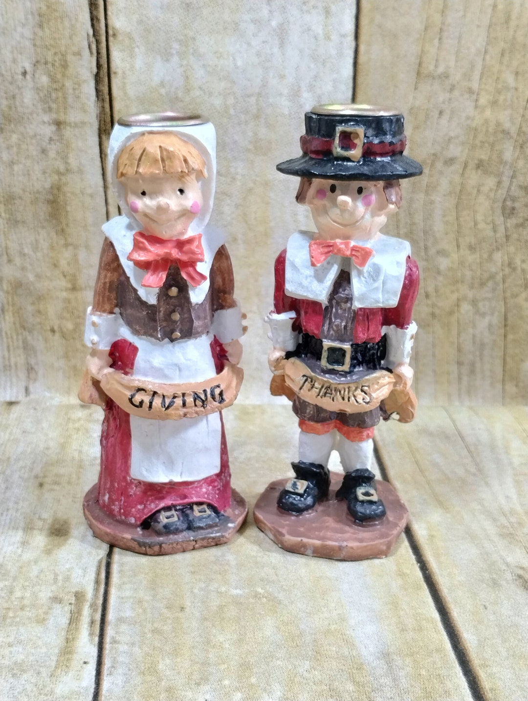 Vintage Pilgrim Candle Sticks Figures Set of 2 Thanksgiving Holiday ...
