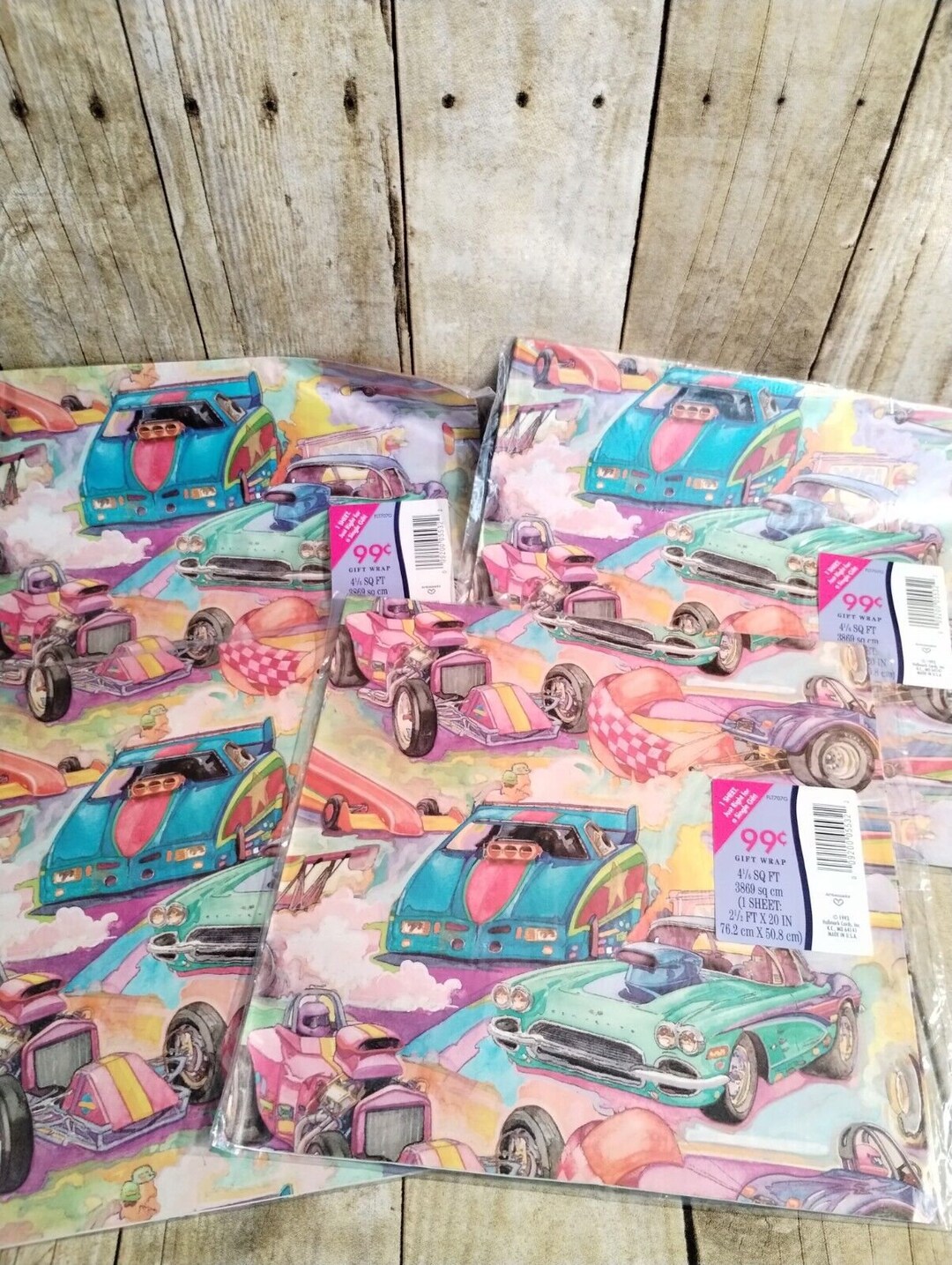 Vtg Hot Rod Gift Wrap Race Cars New Sealed Hallmark 4 Packs 8 Sheets 2 ...
