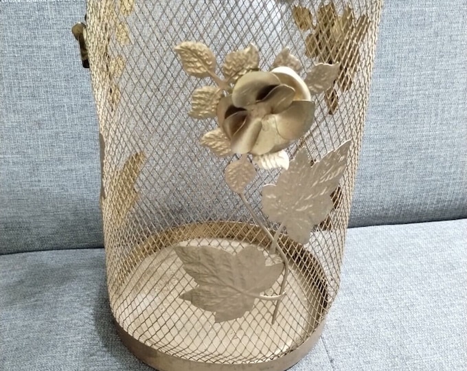 MCM Gold Metal Hollywood Regency Round Trash Can Glam Roses Mesh ...