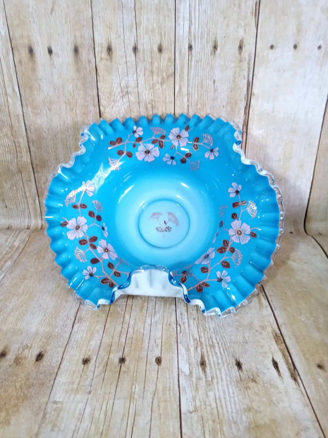 Vintage Blue Milk Glass Bowl Fluttered Ruffled Edge Painted Flowers ...