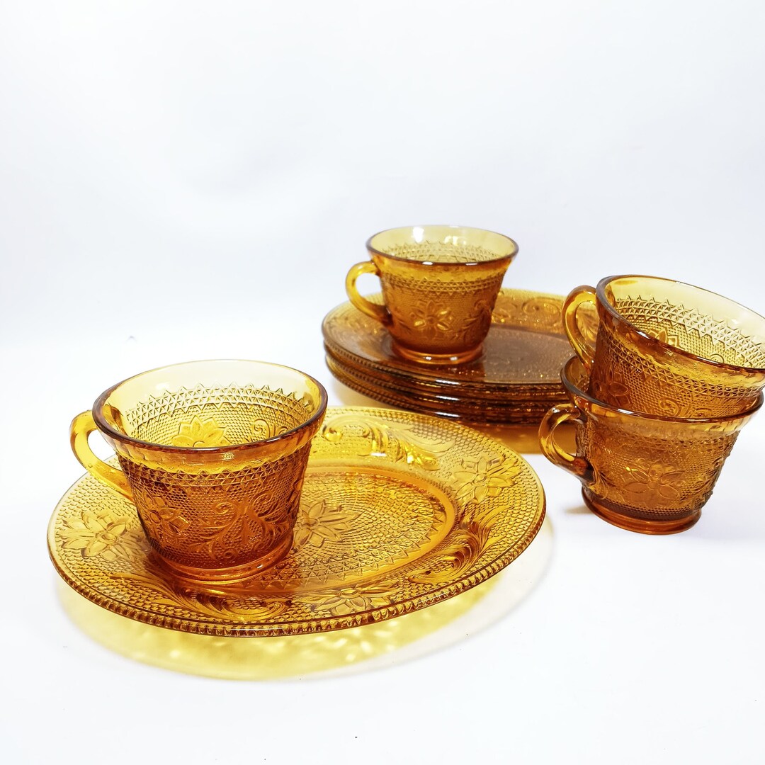 Vintage Indiana Glass Amber Glass Sandwich Plate & Cup Set of 4 (su1 ...