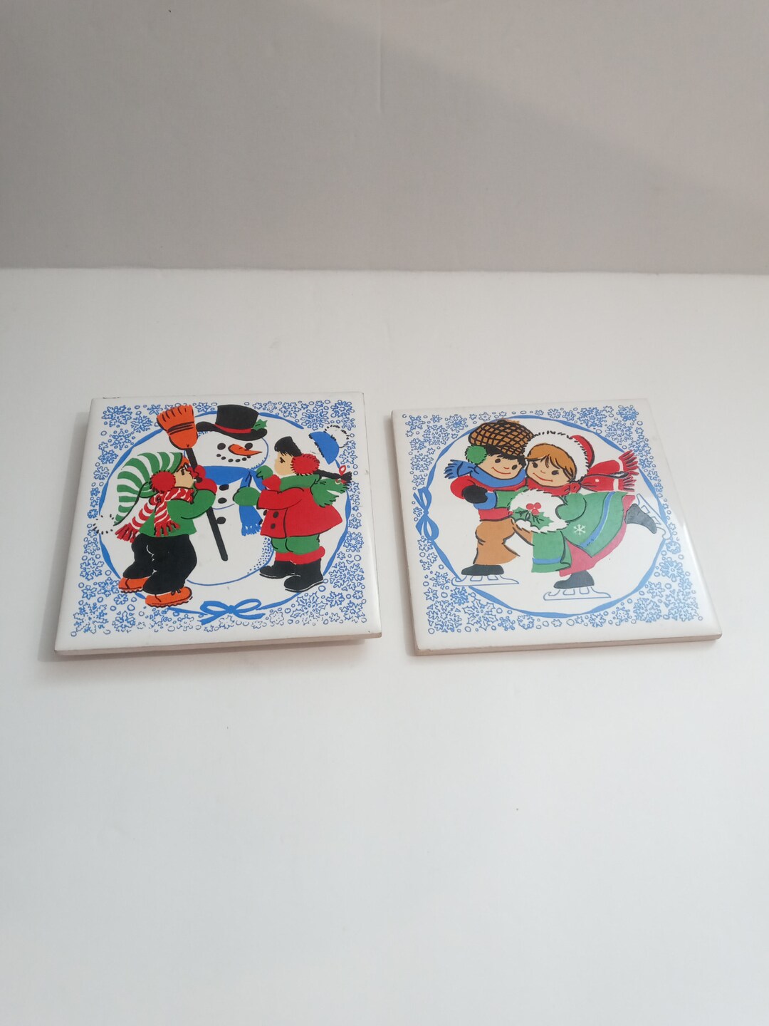 Vintage Christmas Children's Winter Trivet Set of 2 Snowman Ice Skating ...