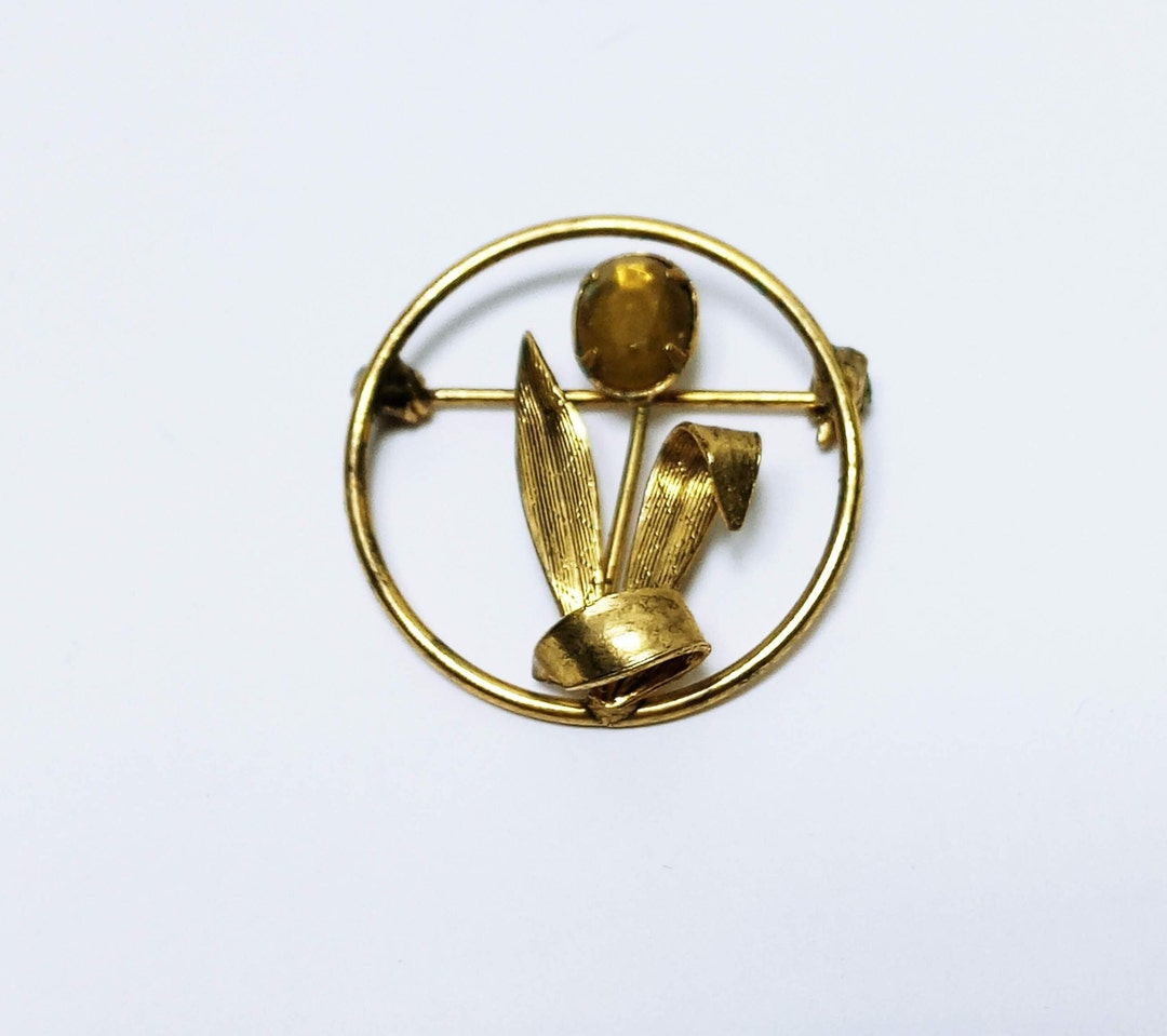 Vintage Gold Floral Ring Brooch 1 1/4" Gold Flower Yellow Stone (jb3 ...