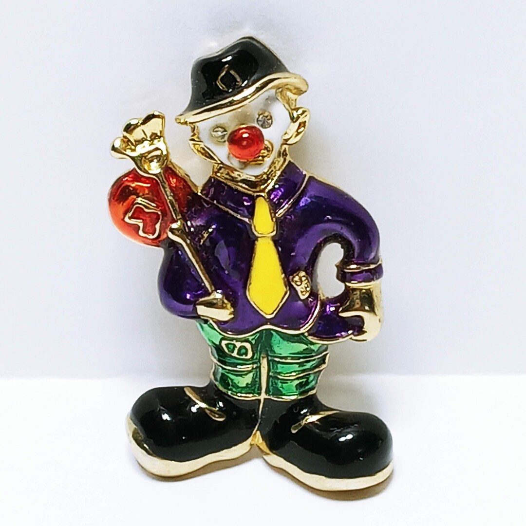 Vintage Hobo Clown Brooch Enameled Creepy Clown Pin Purple Green ...