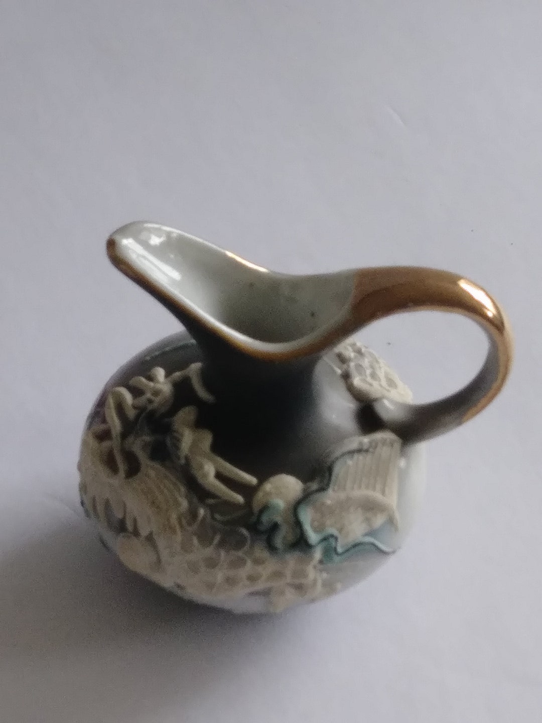 Vtg Japan Dragon Mini Pitcher Vase Succulent Plant Blue Gray & Gold ...