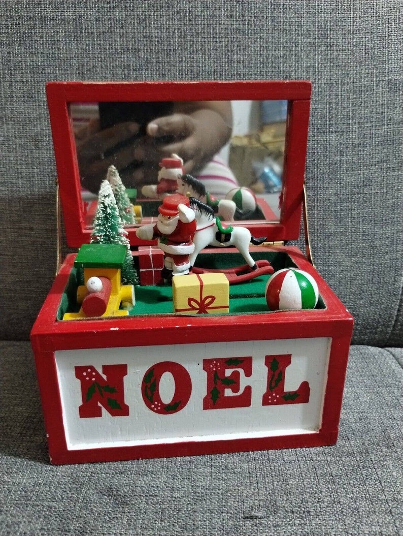 Vtg Wood Music Box Animated Santa Train Tree Rocking Horse Christmas - Etsy