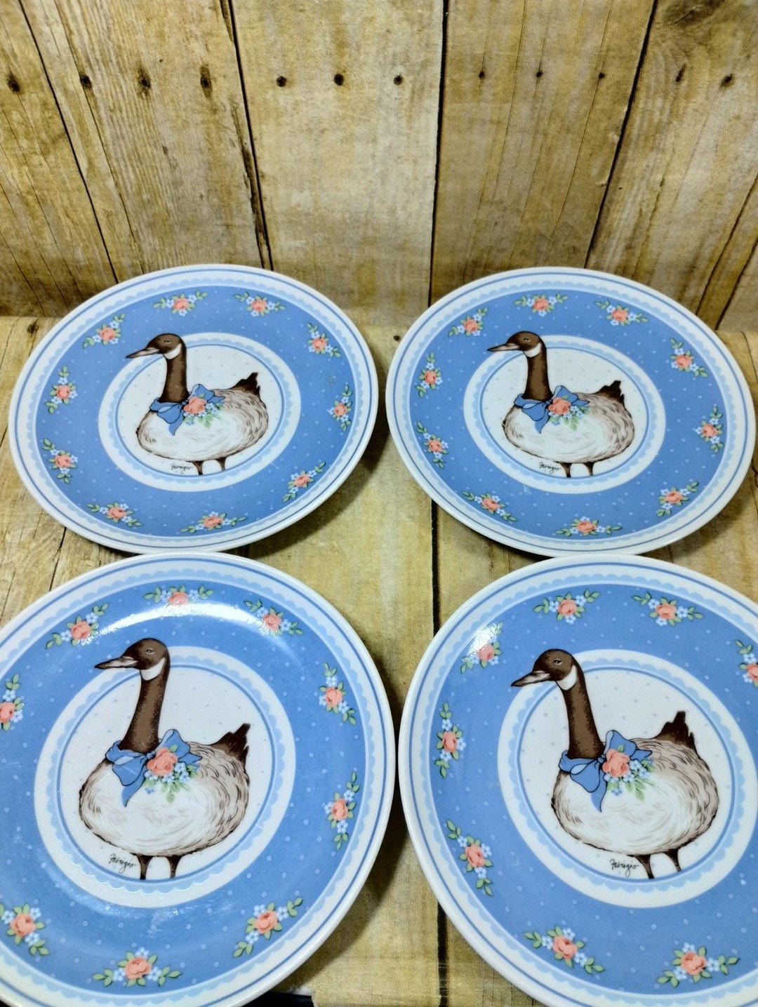 4 Vtg George Good by Fabrizio Japan Blue Bowed Goose Plates 1985 ...