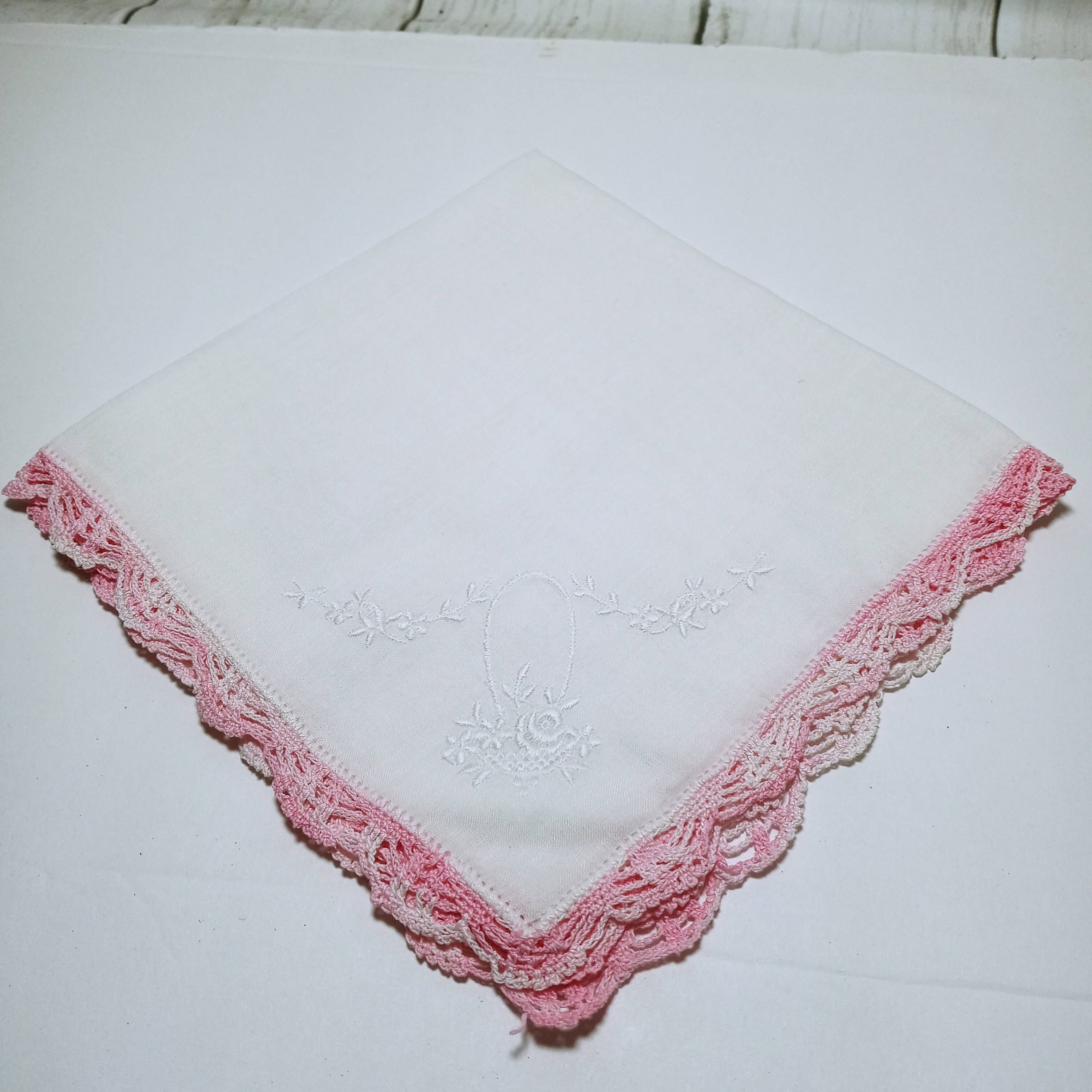 Vintage Pink Crochet Edge Handkerchief White Embroidered - Etsy
