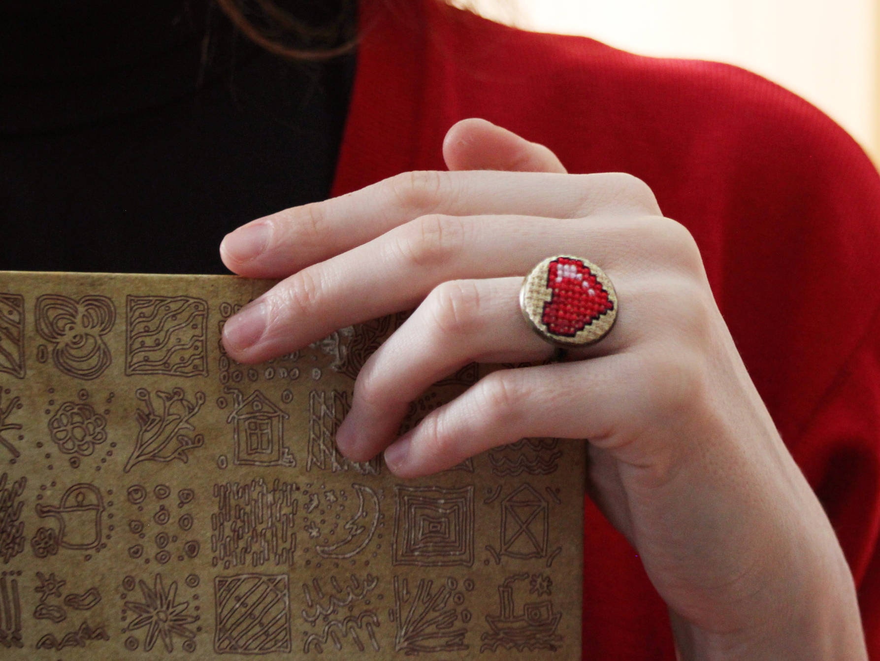 Red Heart Ring Hand Embroidery Cross Stitch Ring Gift for Beloved ...