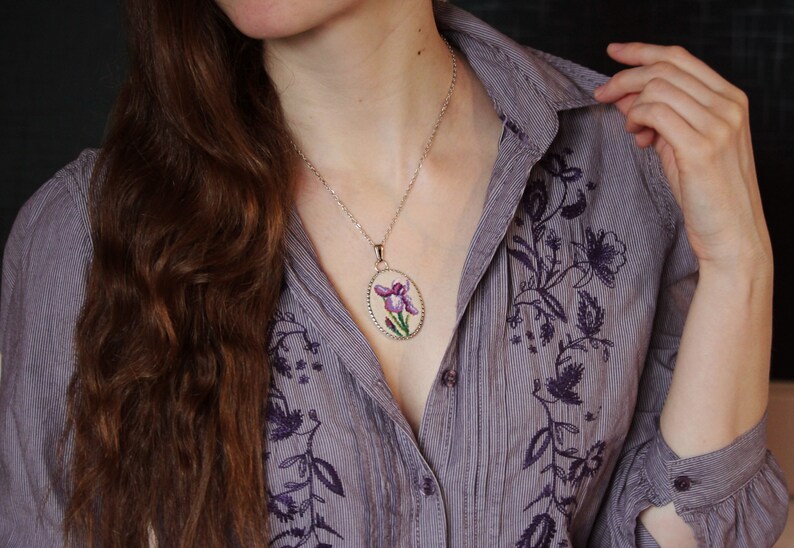 Purple iris necklace Embroidered Jewelry Wedding pendant Gift | Etsy