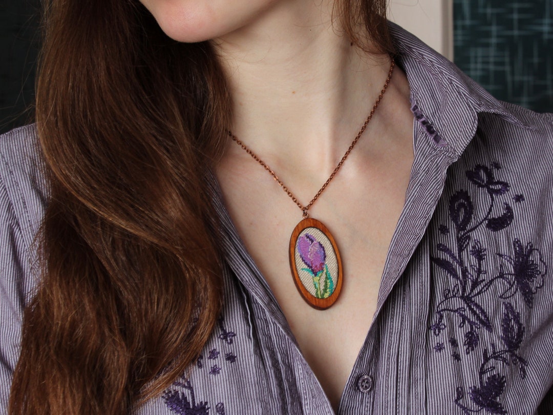 Embroidered Crocus Necklace: Wooden Pendant, Spring Flower Jewelry - Etsy