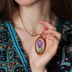 Embroidered Crocus Necklace: Wooden Pendant, Spring Flower Jewelry - Etsy