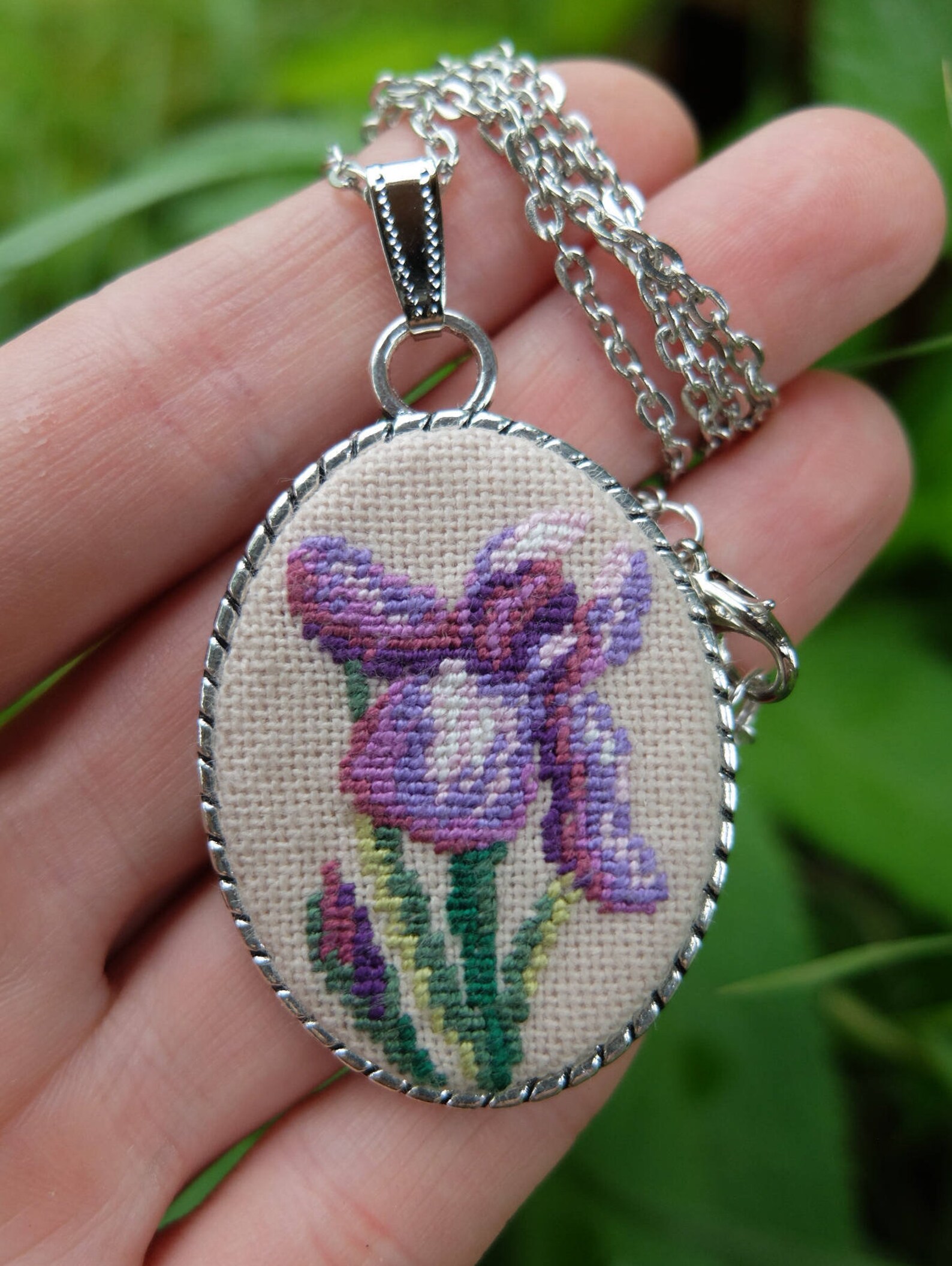 Purple iris necklace Embroidered Jewelry Wedding pendant Gift | Etsy