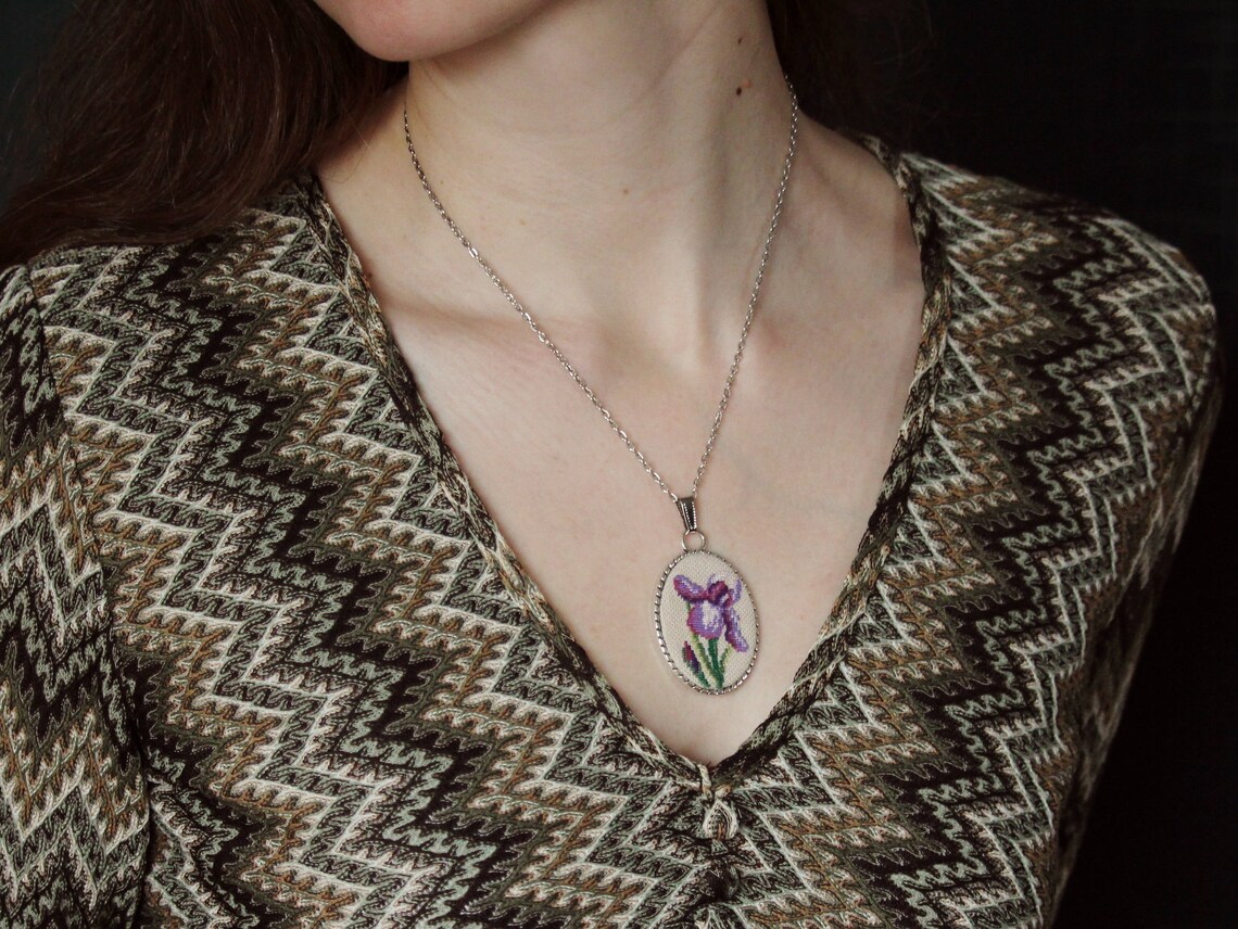 Purple iris necklace Embroidered Jewelry Wedding pendant Gift | Etsy