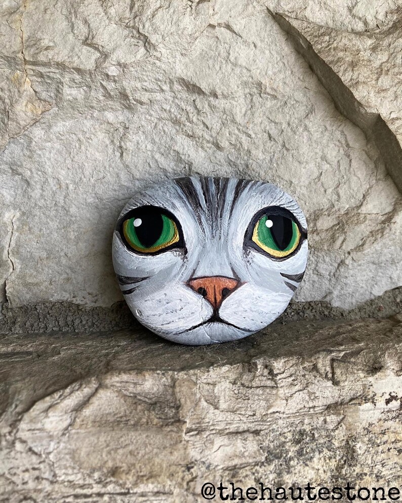 Gray Tabby Cat Face Painted Stone - Etsy
