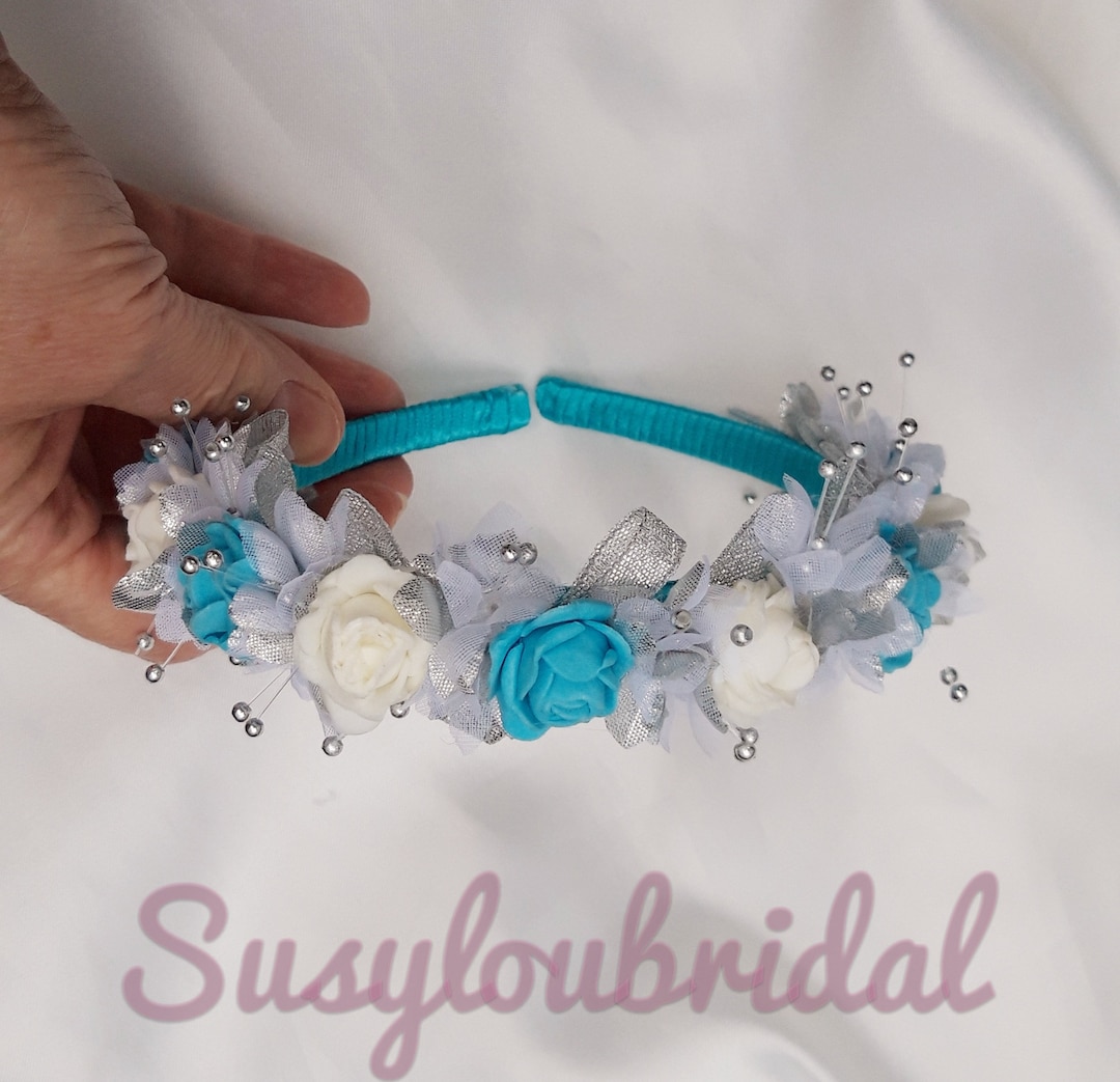 Aqua Blue Ivory and Silver Alice Band for Bridesmaids Weddings or Proms ...