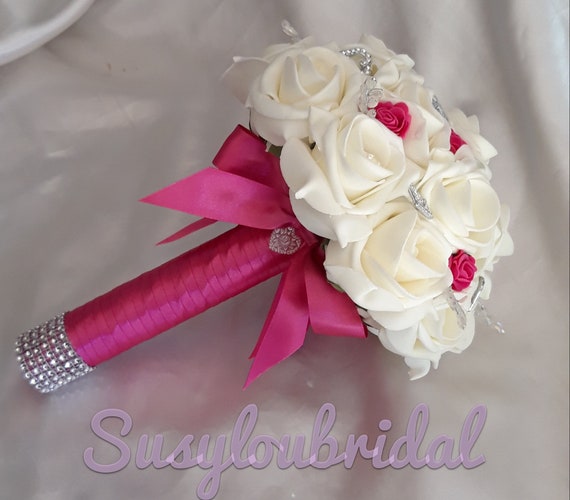 Hot Pink & Ivory Rose Bridal Bouquet With Crystal Leaves and | Etsy UK