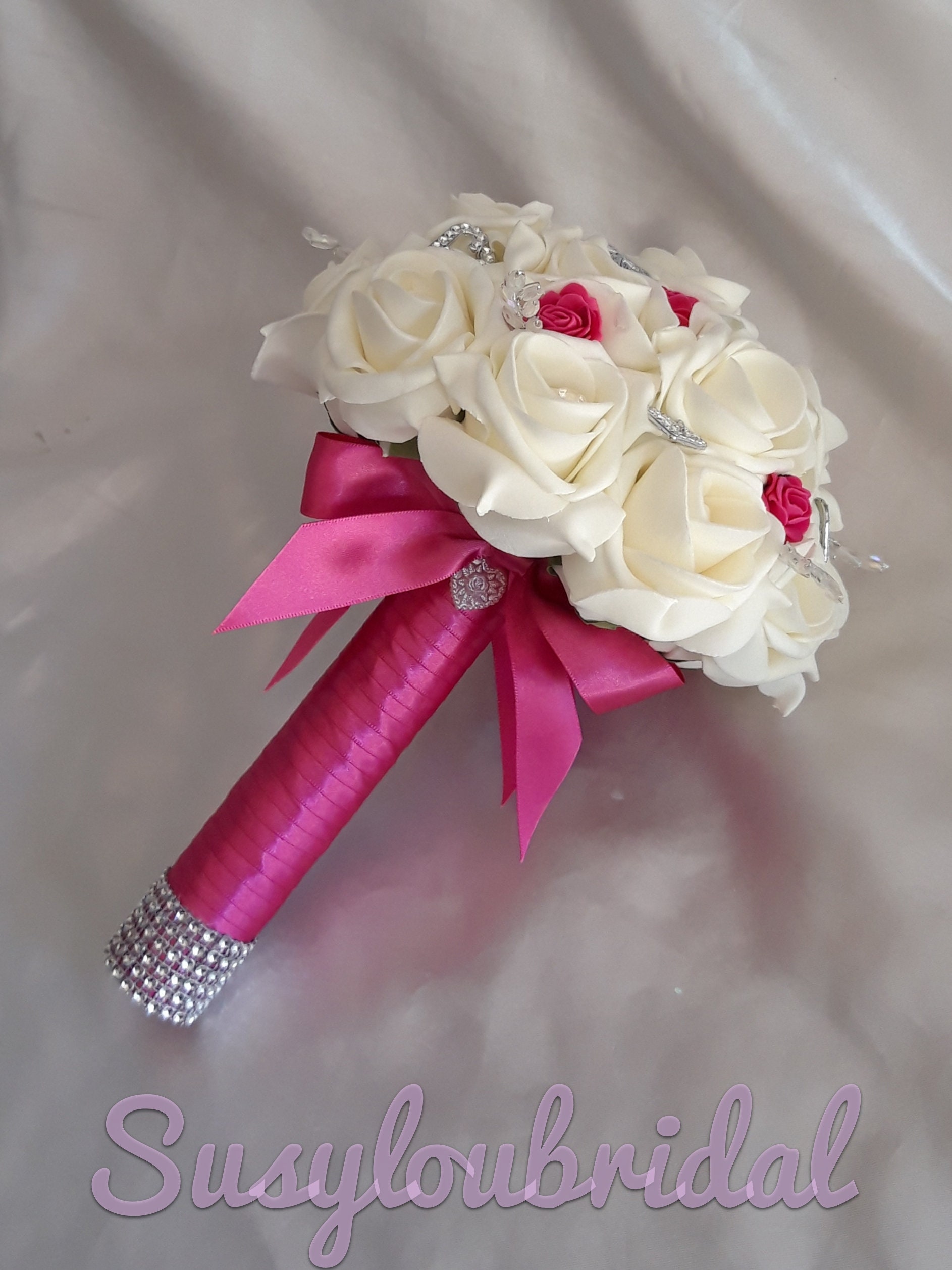 Hot Pink & Ivory Rose Bridal Bouquet With Crystal Leaves and | Etsy UK