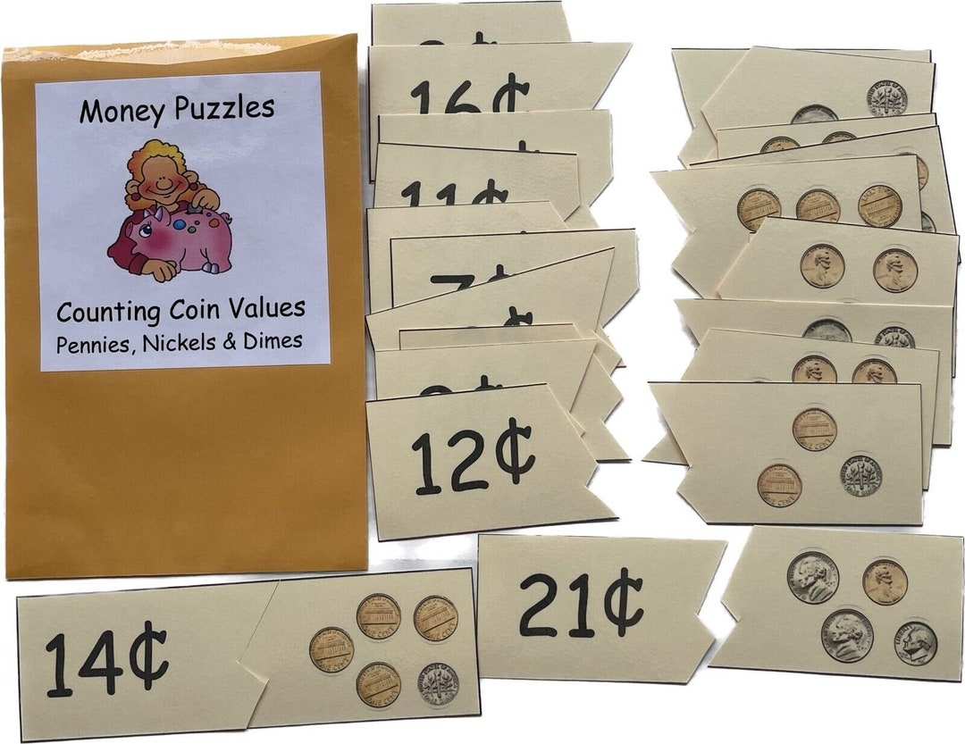 Education Math Center Game Money Puzzles Counting Coins Pennies Nickels ...