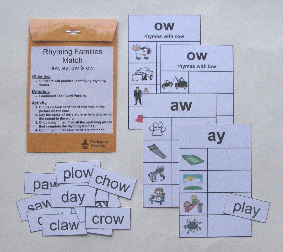 Teacher Depot Literacy Center Resource Game Rhyming Families Aw, Ay, Ow ...