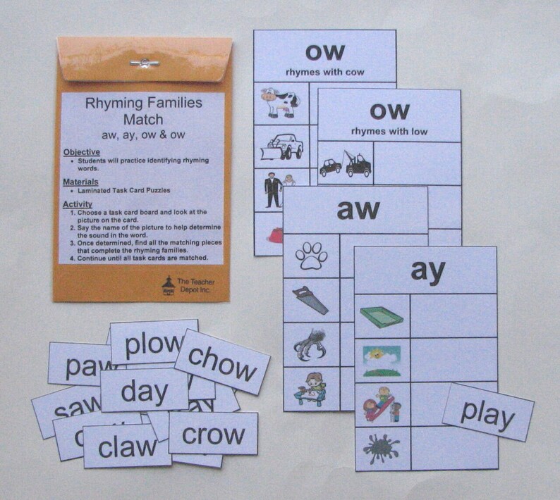 Teacher Depot Literacy Center Resource Game Rhyming Families Aw, Ay, Ow ...
