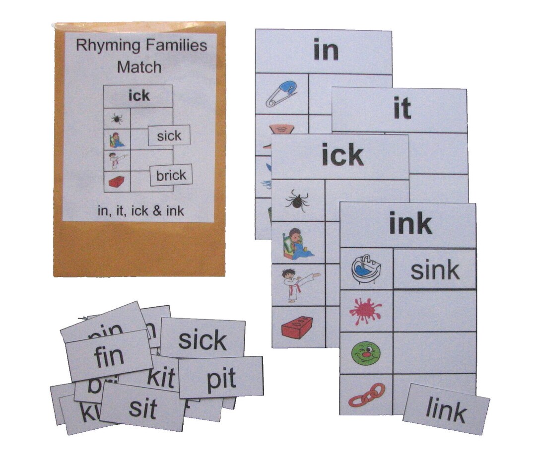 Educational Literacy Center Resource Game Rhyming Families In, It, Ick ...