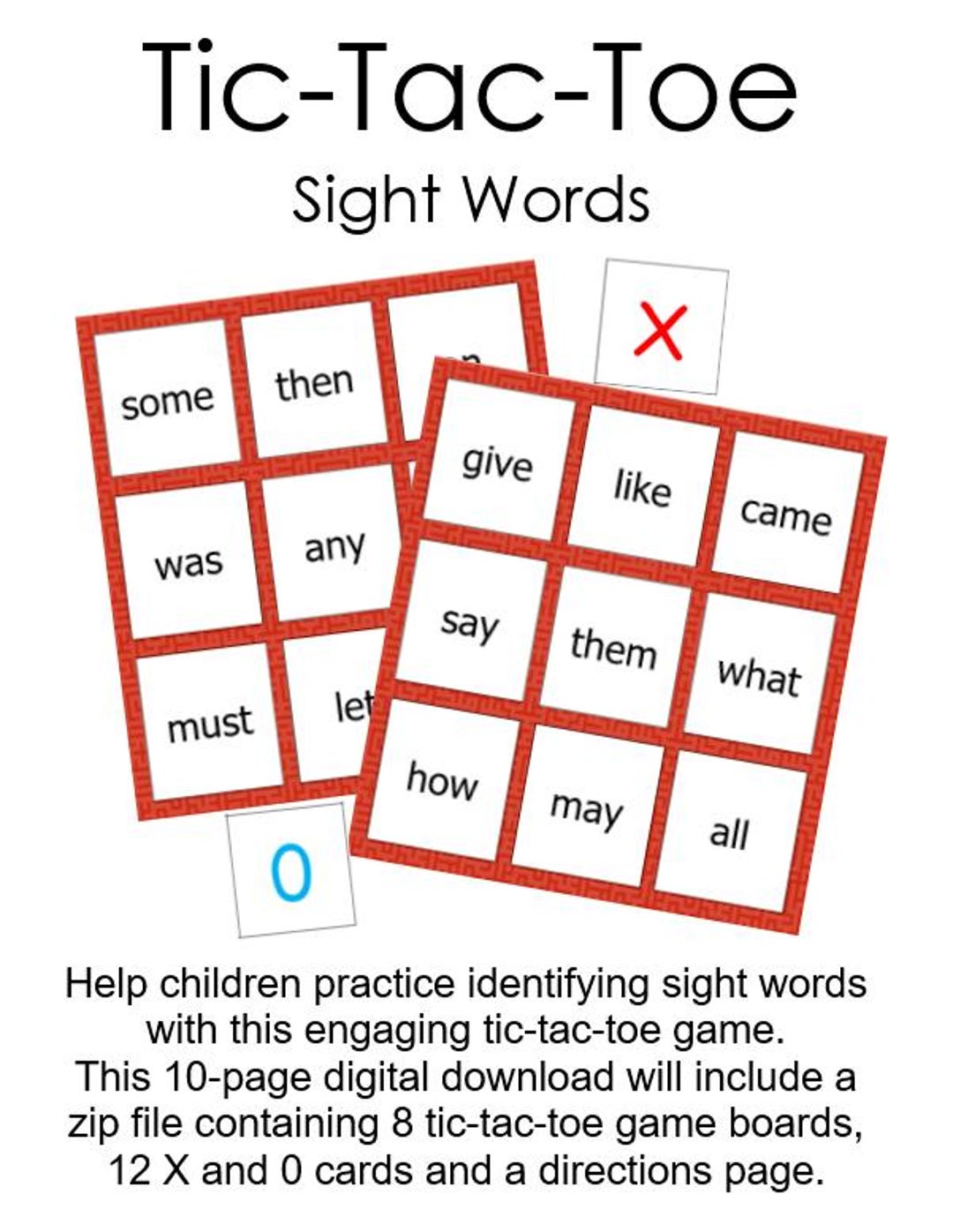 Sight Words Digital Download Kindergarten Tic-tac-toe Game - Etsy