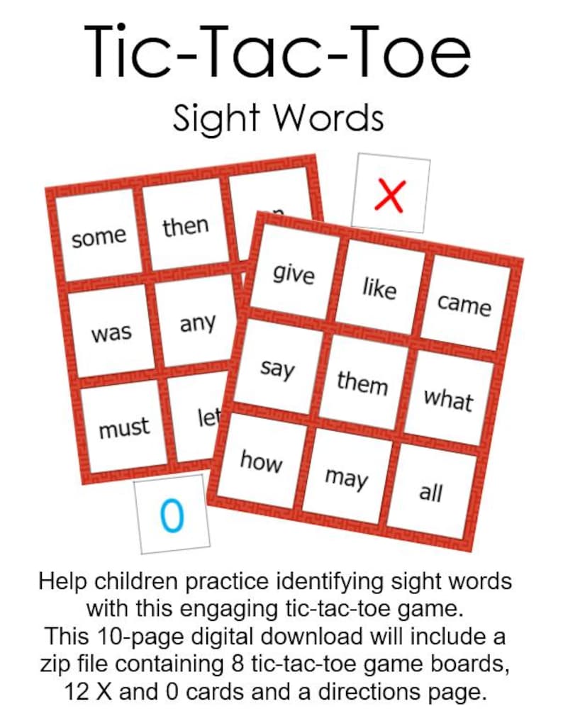 Sight Words Digital Download Kindergarten Tic-tac-toe Game - Etsy